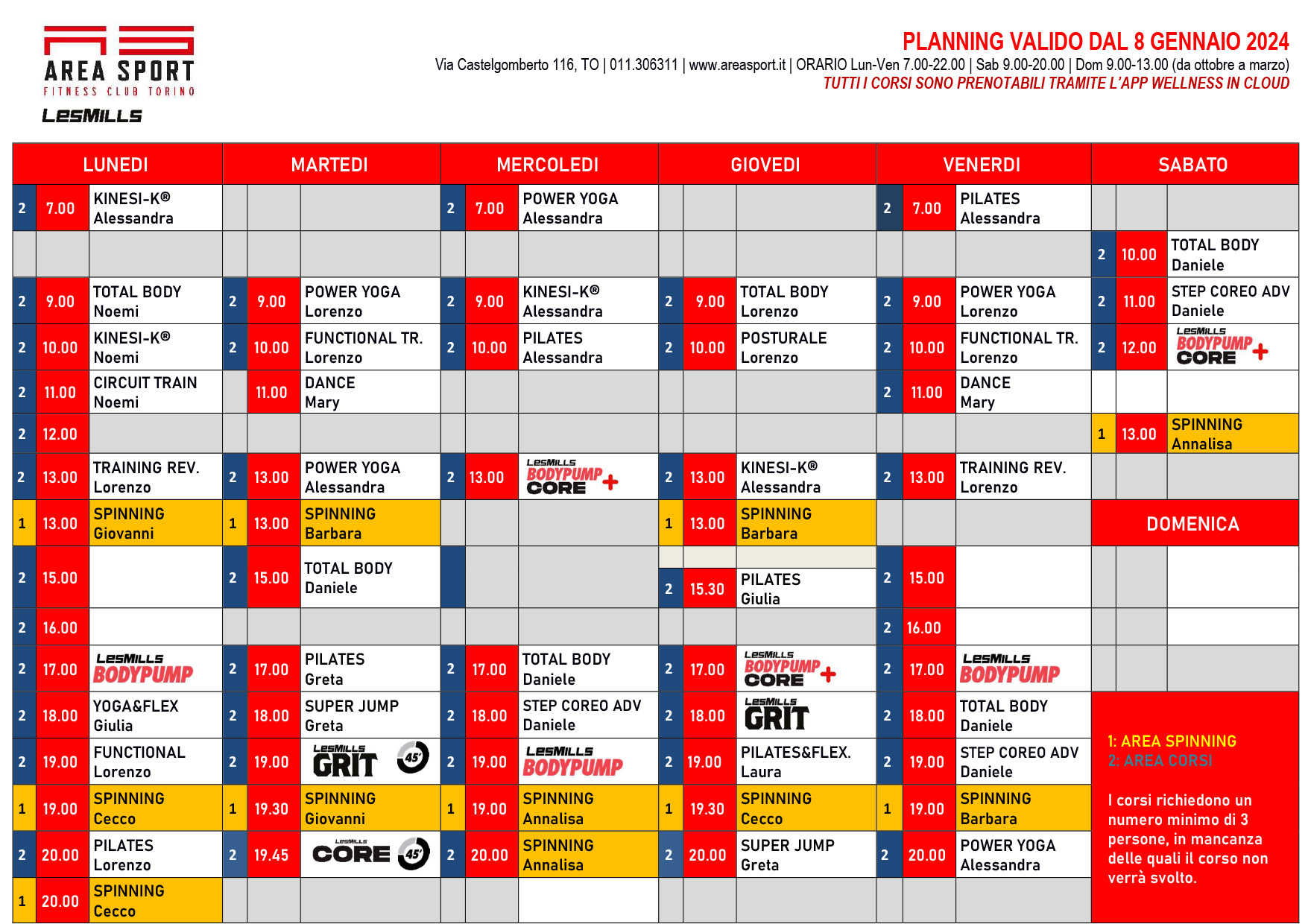 Orari di Attività e Corsi - Palestra Area Sport - Torino